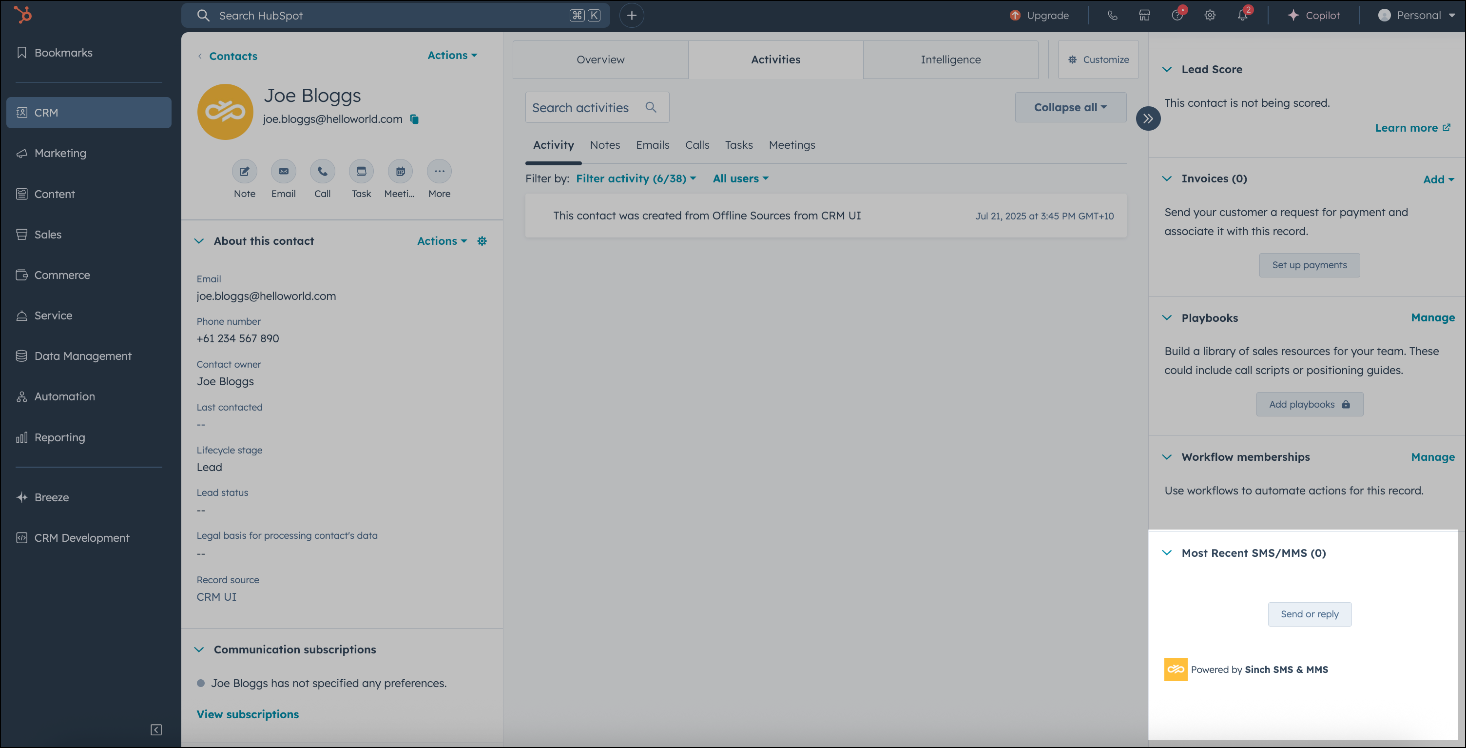 HubSpot | Send an SMS or MMS from within a contact record ...
