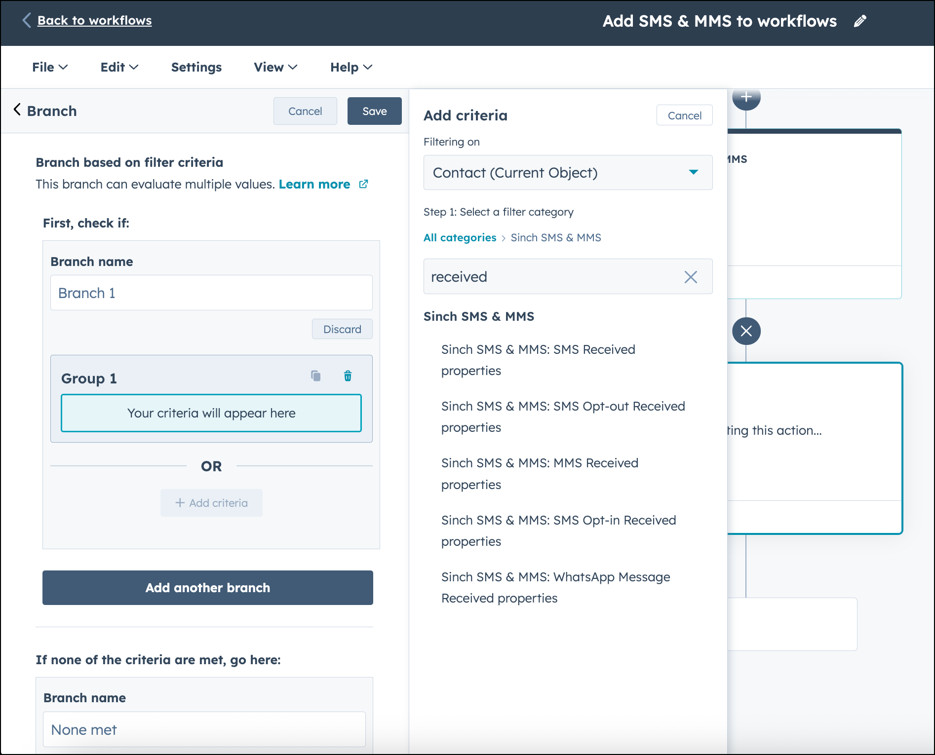 HubSpot | Trigger actions and workflows using inbound SMS or MMS replies – Sinch Engage