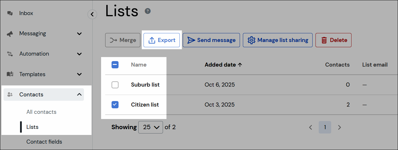 Managing contact lists – Sinch Engage