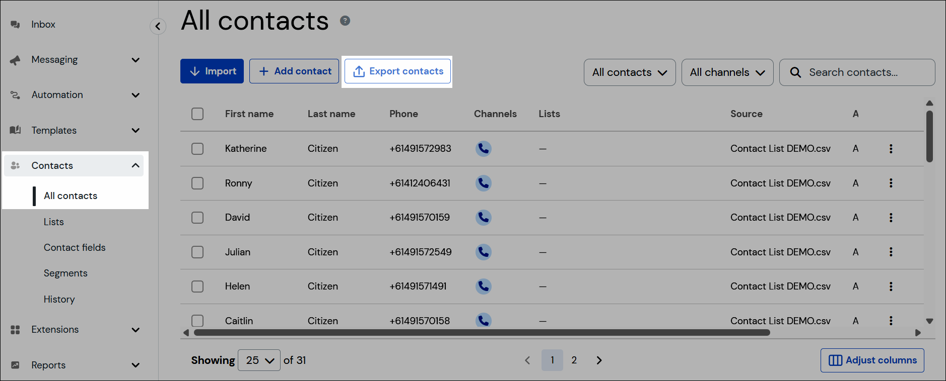 Exporting contacts – Sinch Engage