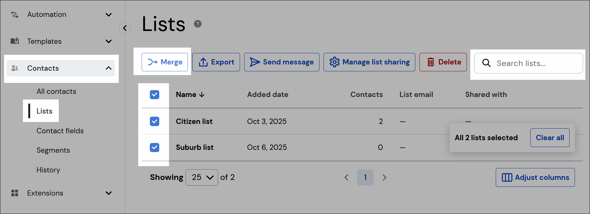 Merging contact lists – Sinch Engage