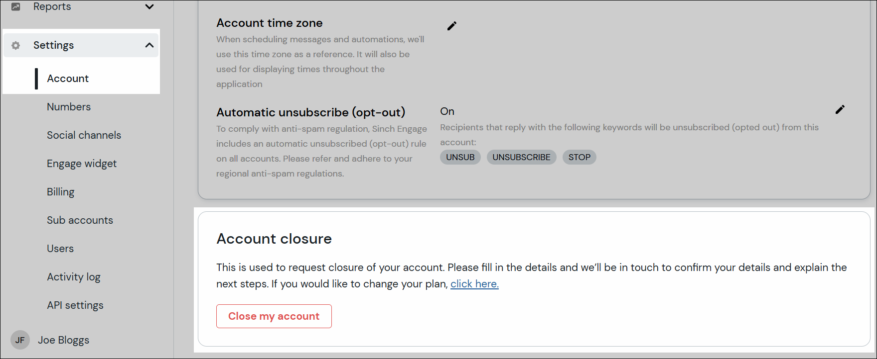 Closing your account – Sinch Engage