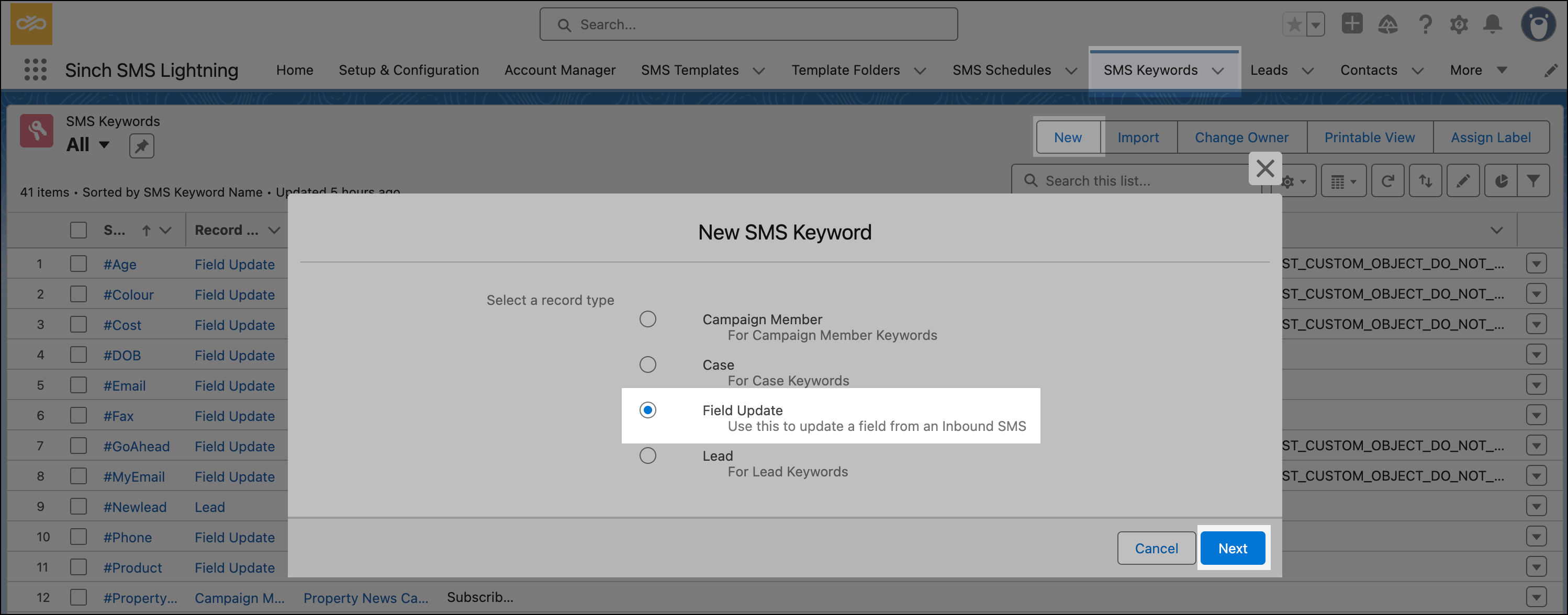 Salesforce | Field update keyword action – Sinch Engage