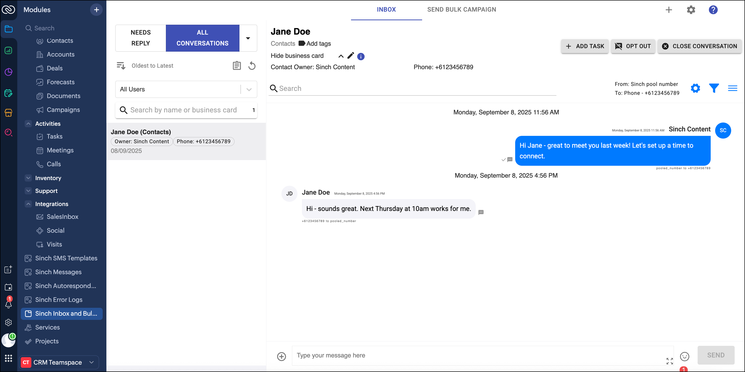 Zoho CRM | Use the Sinch Inbox – Sinch Engage
