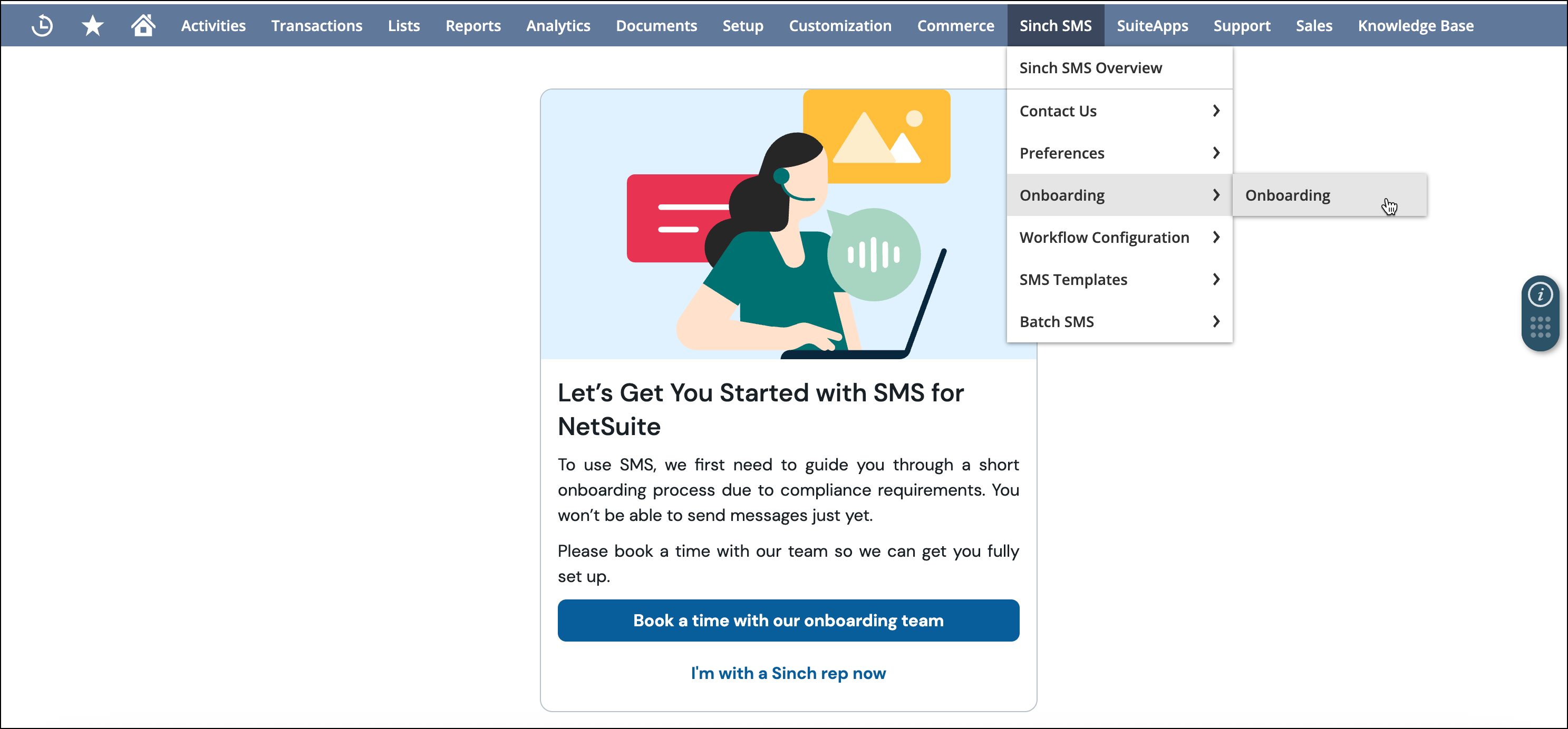 Netsuite | Sinch SMS onboarding screen – Sinch Engage