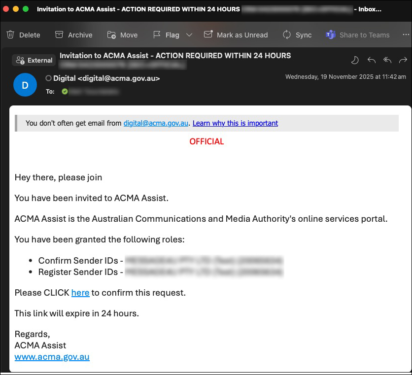Australia | How to Set Up ACMA Assist Before Registering an Alphanumeric Sender ID – Sinch Engage