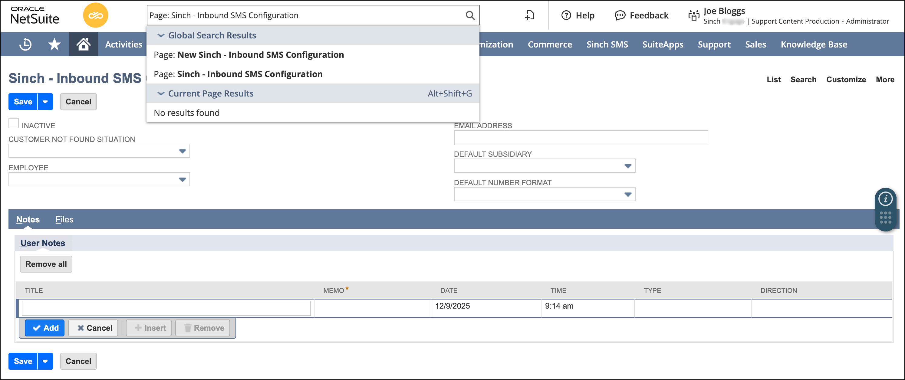 NetSuite | Setup | Configure an unsolicited inbound message action – Sinch Engage