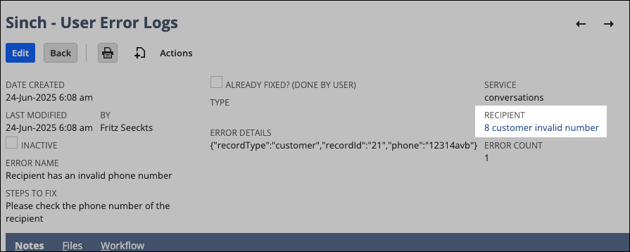 NetSuite | User error logs – Sinch Engage