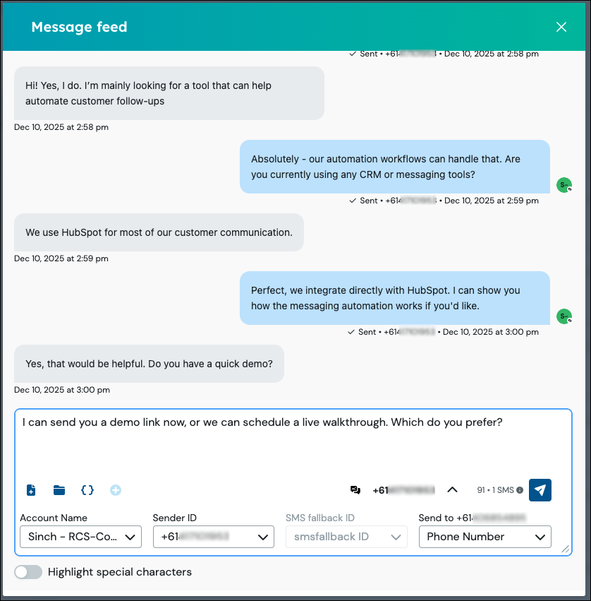 HubSpot | Send an SMS or MMS from within a contact record (Conversational view) – Sinch Engage
