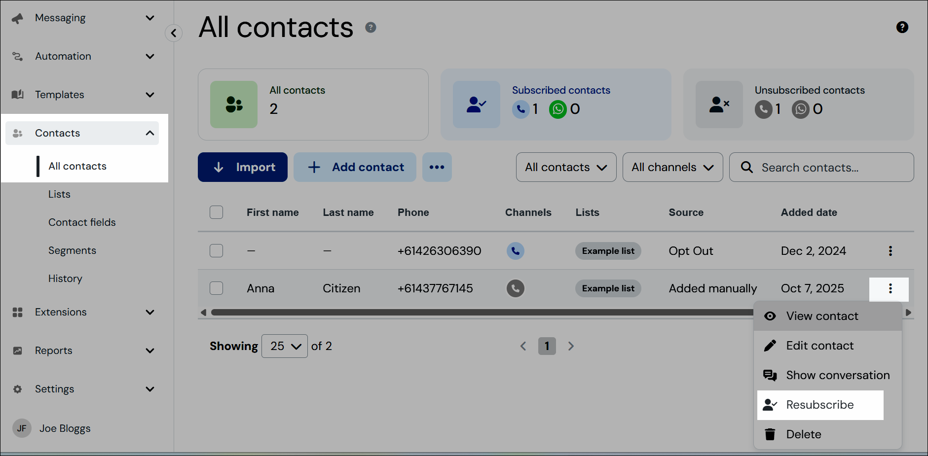 Unsubscribing and re-subscribing contacts – Sinch Engage