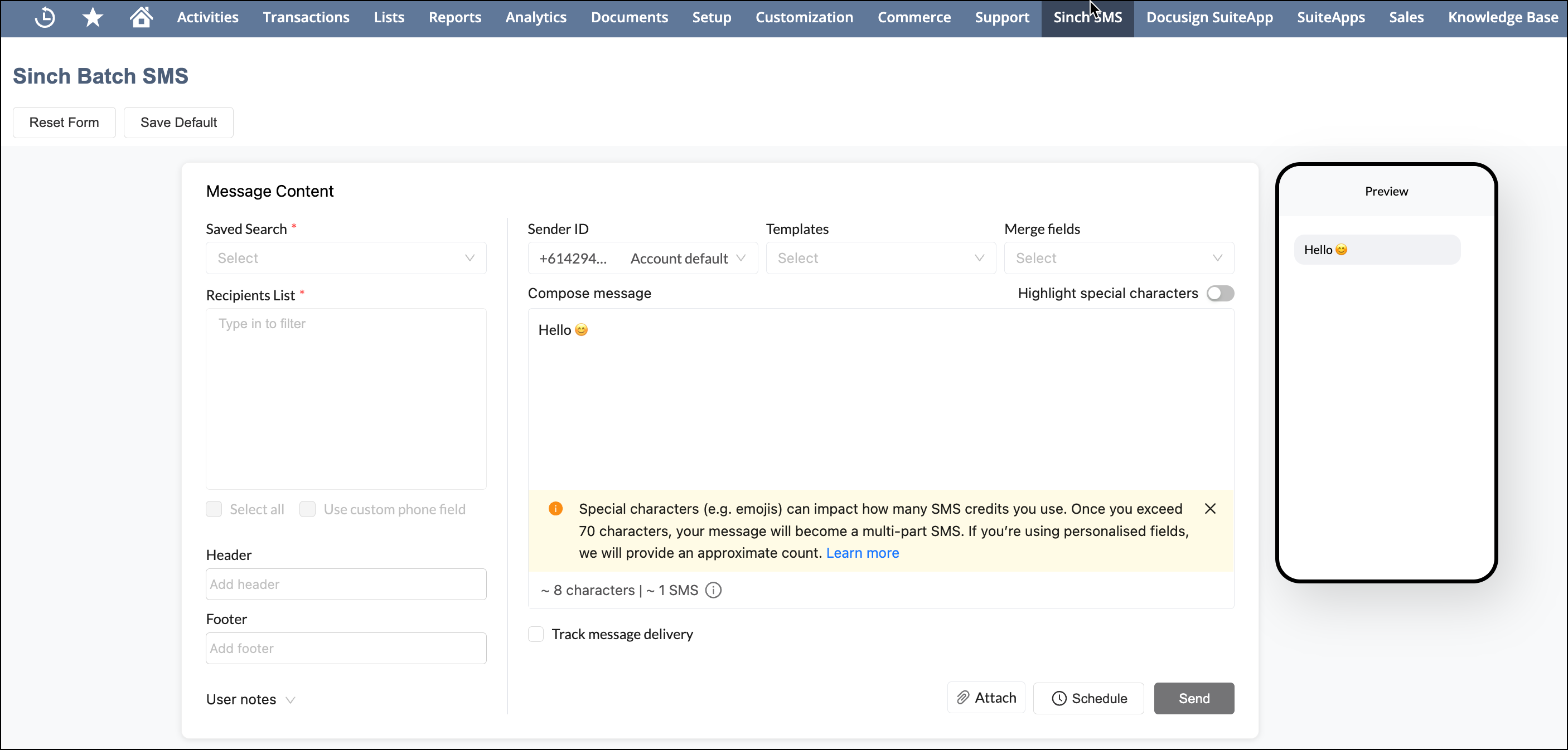 NetSuite | SMS por lotes – Sinch Engage